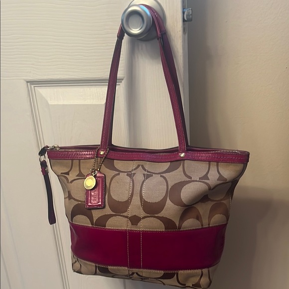 Coach | Bags | Coach Khaki Signature C Berry Stripe Tote | Poshmark